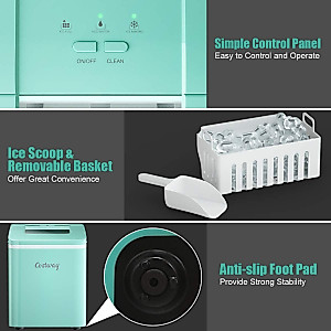 COSTWAY Countertop Ice Maker, 26Lbs/24H Portable Ice Machine with Self-Cleaning Function, Bullet Ice Cubes Ready in 8 Mins, Scoop and Removable Basket,Ice Maker for Home Party Bar, Green