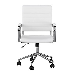 Martha Stewart Piper Swivel Task Chair with Armrests for Home Office in White Faux Leather with Polished Nickel Frame