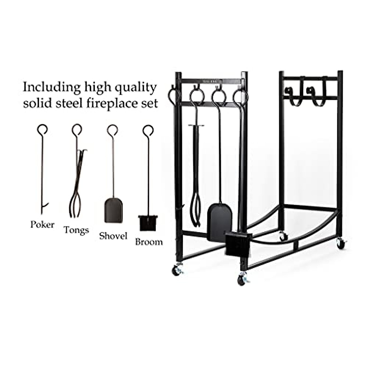 KAG ONE Firewood Storage Rack with Kindling Holder, Black, Metal, 33.4"L x 13"W x 32.9"H, 200 LBS Weight Capacity