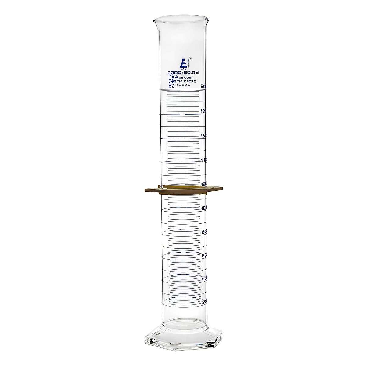 EISCO Graduated Cylinder, 2000mL - ASTM, Class A Tolerance ±6.00mL - Protective Collar, Hexagonal Base - Blue Graduations - Borosilicate 3.3 Glass