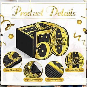 Pasimy 100 Pcs 50th Birthday Napkins Black and Gold 50th Cocktail Napkins Disposable 50 Year Paper Napkins 50th Birthday Favors for 50th Anniversary Birthday Wedding Party Decorations