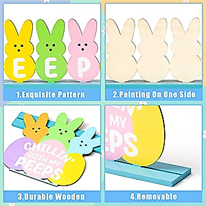 3Pcs Happy Easter Table Decorations Bunny Peeps Sign Happy Egg Hunt Table Centerpieces Bunny Rejoice Sign Wooden Easter Party Decorations Table Ornament for Easter Indoor Party Favors Tiered Tray Home