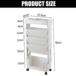 HEEPDD Movable Bookshelf Cart, 5-Tier Plastic Rolling Utility Cart Multifunctional Storage Trolley for Office Living Room Home Kitchen School (White)