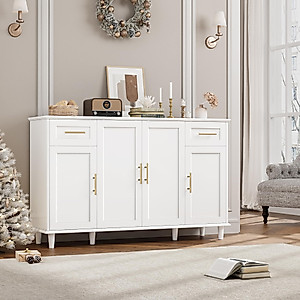 HOSTACK 55" Modern Sideboard Buffet Cabinet with Storage, Large Kitchen Buffet Storage Cabinet with Drawers and Shelves, Wood Coffee Bar Cabinet with Gold Handles for Kitchen, Living Room, White