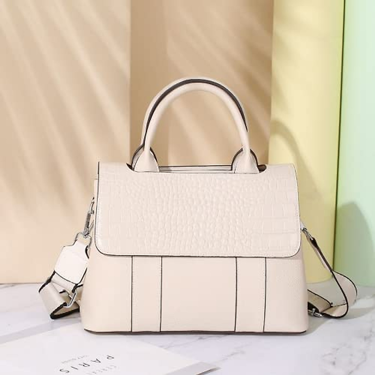 Genuine Leather Women's Fashion Handbags Convertible Satchel Handbag Cross-body Shoulder Bags (Off-white)