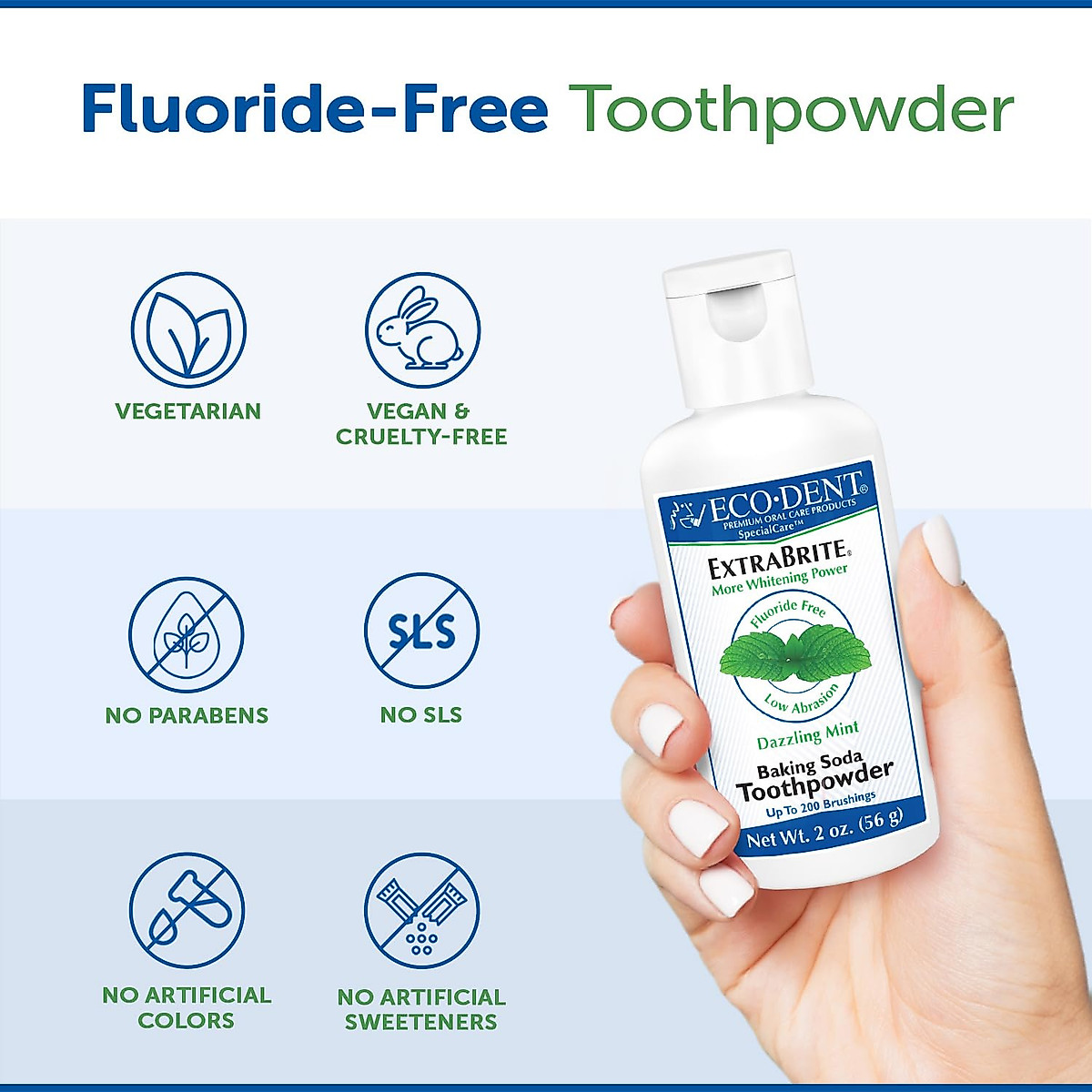 Eco-Dent ExtraBrite Vegan Tooth Powder, Low Abrasion Tooth Whitener, Fluoride Free, Teeth Whitening Powder Toothpaste with Baking Soda, Up to 200 Brushings, Dazzling Mint, 2 Oz