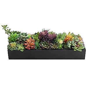 MyGift Artificial Succulent Centerpiece,15.75 Inch Faux Succulents Arrangement Plants in Sleek Black Wooden Rectangular Planter Box
