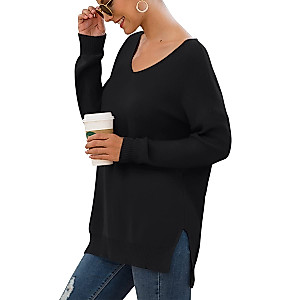 GRECERELLE Women's V-Neck Long Sleeve Side Split Loose Casual Knit Pullover Sweater Blouse Black-Medium