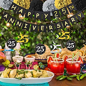 25th Anniversary Party Decorations Kit - Gold Glitter Happy 25th Anniversary Banner, 9Pcs Sparkling 25 Hanging Swirl, 6Pcs Poms - for 25th Wedding Anniversary Party Decorations