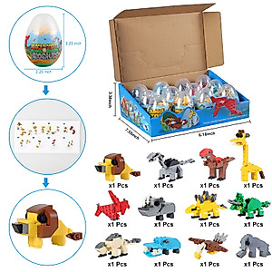 12 Pcs Pre Filled Easter Eggs with Jungle Animals Dinosaurs Building Blocks, 3.25" Eggs for Easter Basket Stuffers, Easter Party Favors, Easter Egg Hunt, Classroom Events, Science STEM Gift