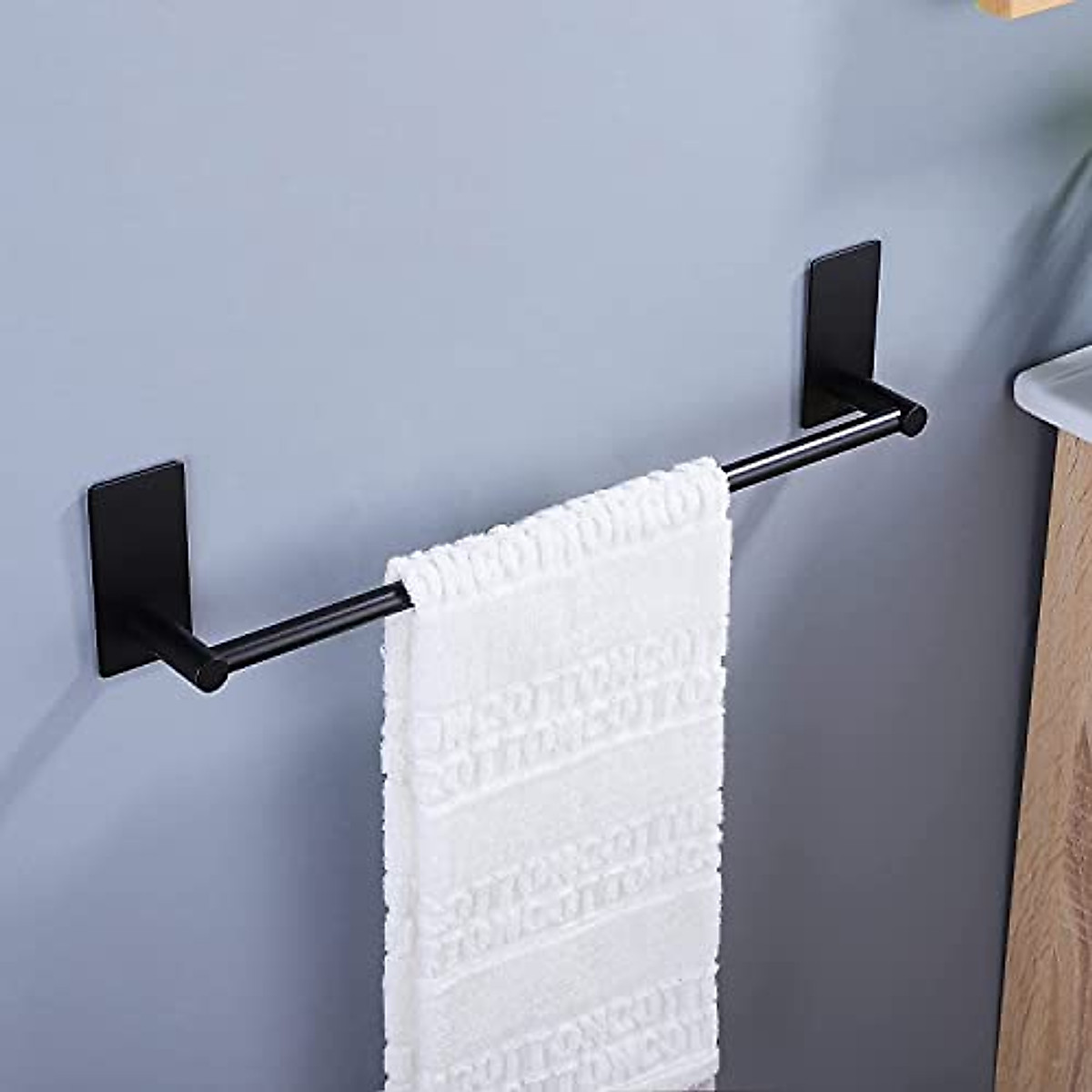 Pomojonbi Towel Holder with 2 Packs Adhesive Hooks 16-Inch Hand Towel Rack Towel Hook Stick on Wall, Bathroom Hardware Black
