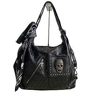 Downupdown Tote Bags for Women Skull Print Purse Leather Shoulder Bag Backpack Satchel Bag Punk Hobo Handbags Cool Ladies Totes-Black