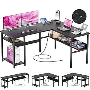 Hyomdeck Reversible L Shaped Computer Desk with Power Outlets and USB Charging Ports, Sturdy Corner Desk with Storage Shelf, Modern Work Gaming Table for Home Office, Easy to Assemble, Black