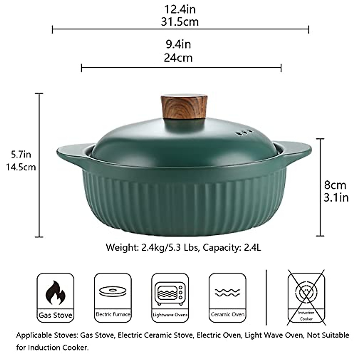 Green Moroccan Tagine, Hand Made Ceramics Tajine Cooking Pot with Cast Iron Base And Cone-Shaped Lid for Stew Casserole Slow Cooker(2.4L)