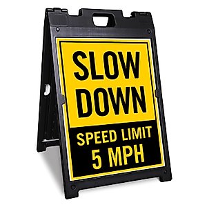 SmartSign 24 x 18 inch BabyBoss Custom “Slow Down - Speed Limit” A-Frame Sidewalk Sign Kit, Double-Sided Portable Plastic Sandwich Board, Set of 1 Foldable Black A-Frame + 2 Sign Panels, USA-Made
