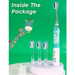 SEAGO Kids Electric Toothbrush with 2 Mins Brushing Timer and 4 Replacement Bursh Heads, Rainbow LED Light Make Brushing Fun, Green Color Boys Battery Powerd Toothbrush for 4-12 Years Old，SG-977