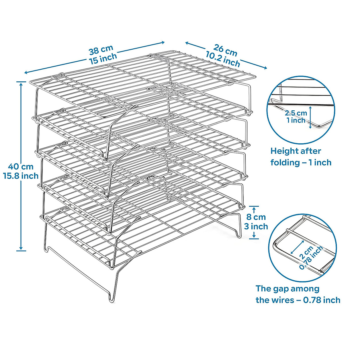 Leonyo Cooling Baking Rack 5-Tier Stackable Stainless Steel Wire Baking Cooking Racks Set for Cookie, Pizza, Cup Cake, Raised & Folding Feet, Oven Safe & Dishwasher Safe, Rust-Resistant - 15’’ x 10’’