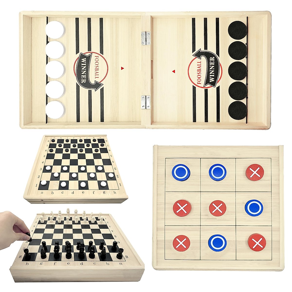 4 in 1 Board Game, Include Fast Hockey Table Game, Tic Tac Toe, Checkers Game,Slingshot Chess,Set for All Age
