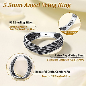 Suplight 925 Sterling Silver Angel Wings Band Rings, 5.5mm Retro Guardian Feather Angel Rings for Women Men Size 13
