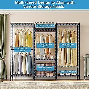 VIPEK V10i Medium Garment Rack Heavy Duty Clothes Rack, Free Standing Coat Rack for Hanging Clothes Wardrobe Metal Clothing Rack with 2 Slid Storage Baskets, 68.9" L x 15.7" W x 76.4" H, Black