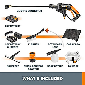 WORX Cordless Hydroshot Portable Power Cleaner, 20V Li-ion (2.0Ah), 320psi, 20V Power Share Platform with Cleaning Accessories WG629.1