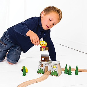 Bigjigs Rail Mountain Rescue Playset with Helicopter, Car, Log Cabin & Crate