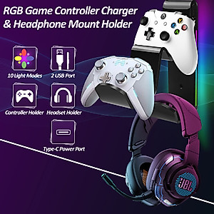 ArtCWK RGB Dual Game Controller & Headphone Holder Charger with 10 Light Modes and 2 USB Charging Port, Wall Mount Stand Charger for Xbox PS5 PS4 PS3 Xbox Switch, for All Universal Gamepad & Headsets