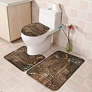 3 Piece Bath Rugs Set Non-Slip Bathroom Mats Absorbent Contour Soft Mat Toilet Lid Cover Bathroom Decor Set- Fisherman's Fishing Equipment on a Rustic Wooden Table 20"x32"+16"x18"+16"x20"