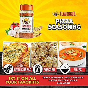 Flavor God Pizza Seasoning Mix Low Sodium, Kosher, Gluten & Dairy Free, Vegan Keto-Friendly Natural Healthy Spice Blend For Grilling Chicken Beef Seafood Vegetables, Salad, Tacos, Ravioli, Dips, Pasta