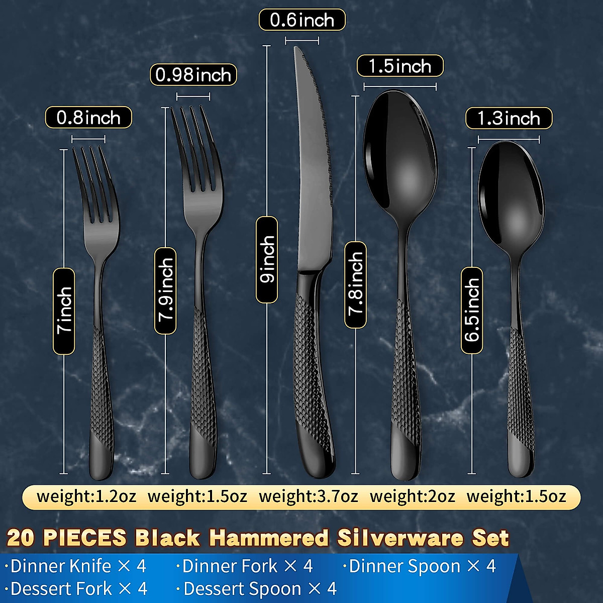 Lemeya 20-Piece Hammered Black Silverware Set for 4 with Serrated Forging Knives,18/10 Stainless Steel Modern Flatware Set,Unique Cutlery Set Spoons and Forks Set,Mirror Polished,Dishwasher Safe