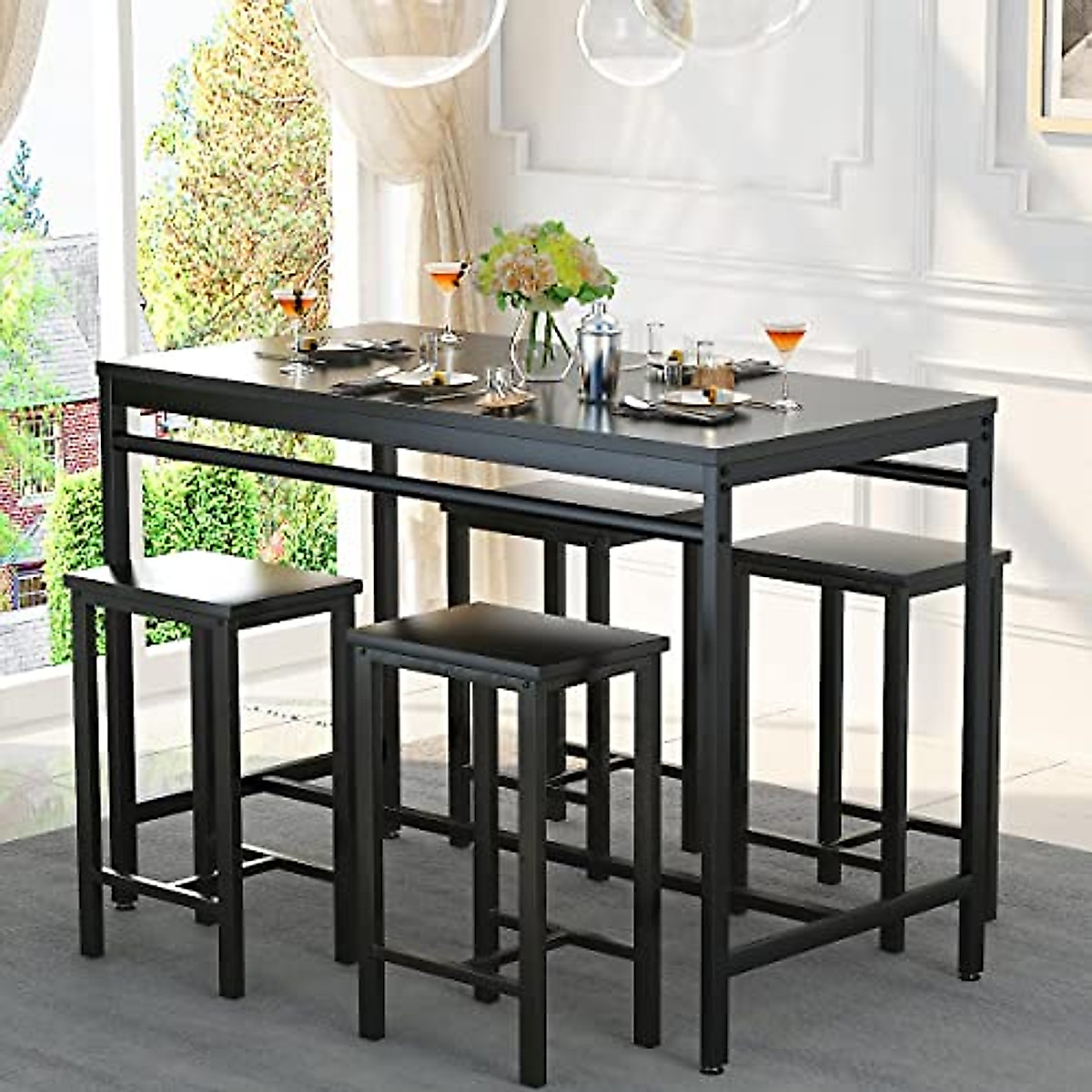 MIERES 4, Counter Height Table & Stools, Bar Chairs, Kitchen Dining Table Set for Breakfast Nook, Small Space Living Room, Black