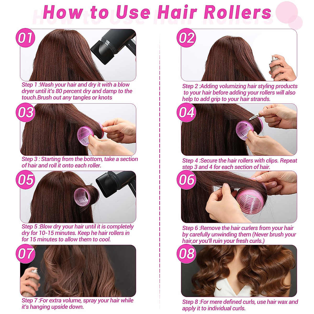 Jumbo Hair Curlers Self-Grip Rollers, 60mm Large Rollers with Clips for Long, Thick Straight Hair (Rose Red) - Hair Curlers Rollers