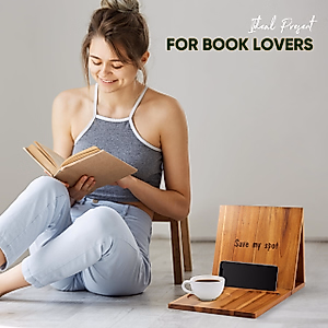 NAGAWOOD Triangle Book Holder, Book Rest, Acacia Foldable Book Nook Reading Valet, Triangle Book Stand with Cup, Pen, Glasses and Phone Holder for Bedroom, Nightstand or Office, Gifts for Book Lover