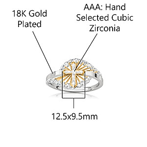 Savlano 18K White & Yellow Gold Plated Round Cut Cubic Zirconia Small Cross Band Ring Women Religious Ring