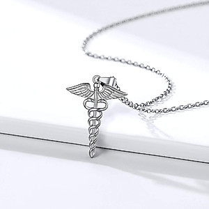 Nofade Silver Caduceus Symbol of Medicine Necklace 925 Sterling Silver Pendant Necklace for Doctor or Nurse Perfect Holiday Gift Jewelry Gift