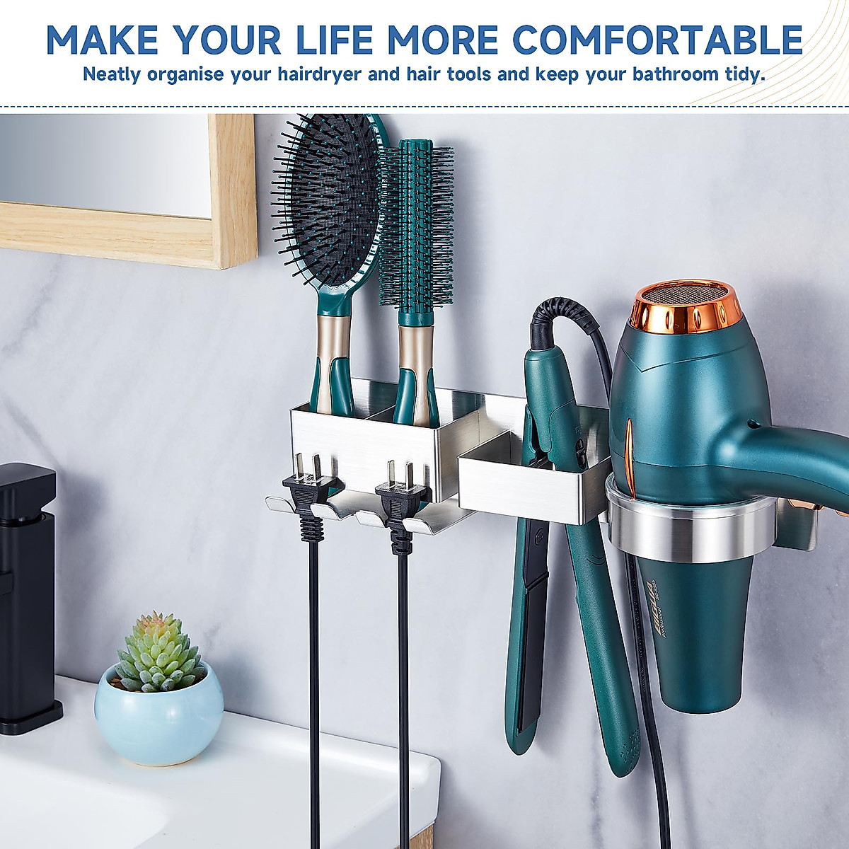 Hair Dryer Holder Wall Mounted, Hair Tool Organizer, Stainless Steel Blow Dryer Holder for Bathroom, Adhesive Hair Straightener Holder Curling Iron Holder with Plug Hook & Storage Compartment