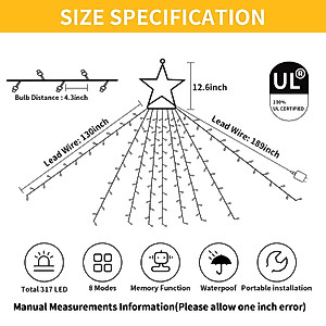 HENHUI ChristmasDecorations Outdoor Star Lights,16.4Ft Christmas Tree Toppers String Lights 320 LED 8 Memory Modes Timer with 14" Lighted Star for Valentine Christmas Holiday Birthday Festival
