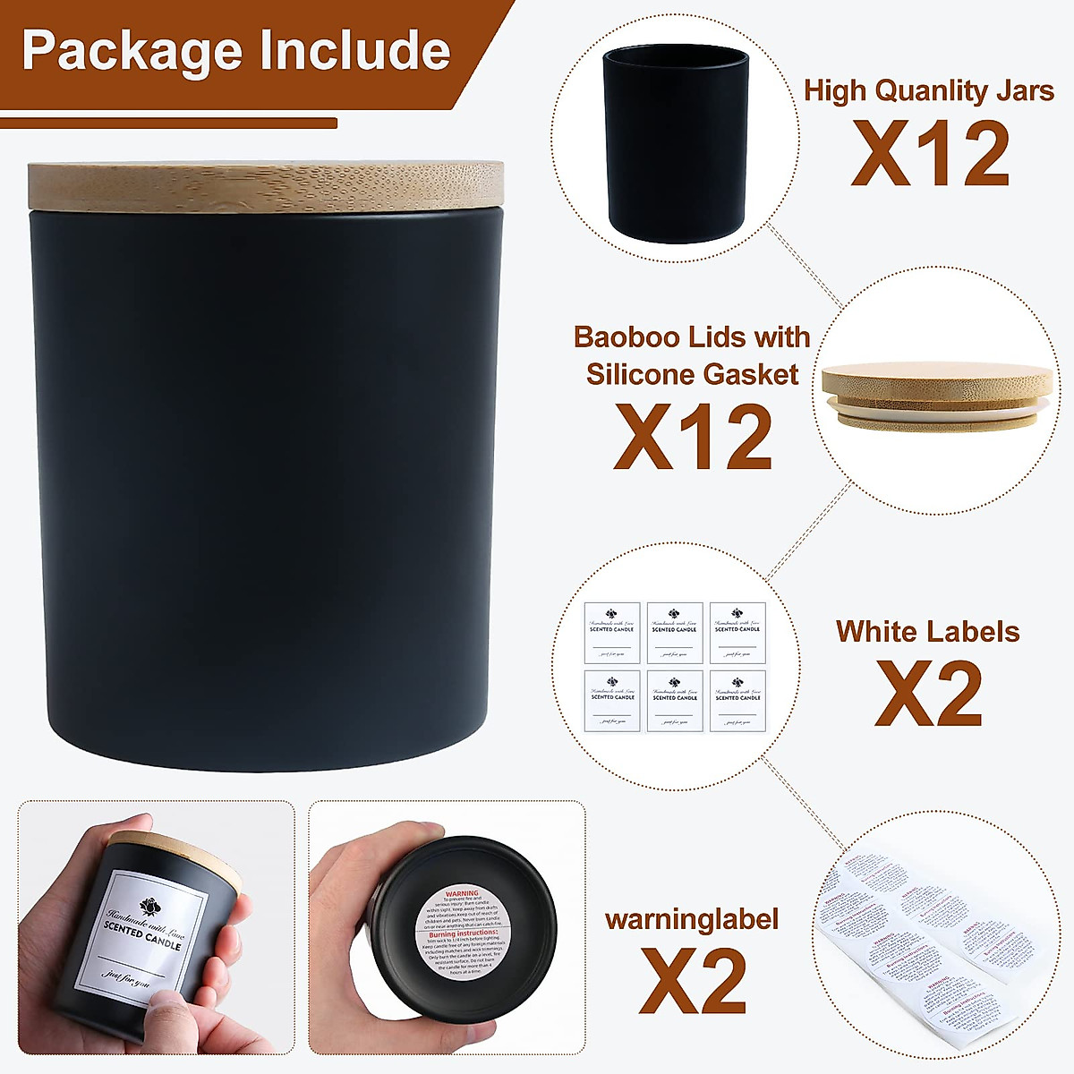 CONNOO 12 Pack 10 OZ Matte Black Glass Candle Jars for Making Candles with Airtight Bamboo Lids Nice Sticky Warning Labels for Candle Making Empty Container Bulk - Dishwasher Safe