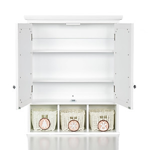 Bathroom Storage Cabinet, Medicine Cabinets for Bathroom with Mirror, 2 Doors 2 Adjustable Shelf + 3 Christmas Style Storage Basket, White Wood Cabinet Wall Mounted for Bathroom Laundry Room Kitchen