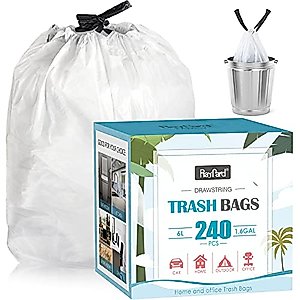 1.6 Gallon / 6 Liter Code B Drawstring 240 Counts Strong Trash Bags Garbage Bags by RayPard, Small Trash Bin Liners for Home Office Kitchen Bathroom Bedroom (White, 1.6 Gallon-Drawstring)