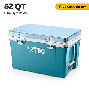 RTIC Ultra-Light 52 Quart Hard Cooler Insulated Portable Ice Chest Box for Beach, Drink, Beverage, Camping, Picnic, Fishing, Boat Barbecue, 30% Lighter Than Rotomolded Coolers, Deep Harbor &