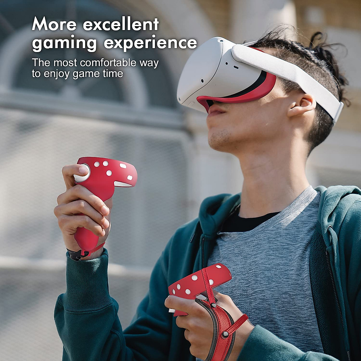 EWalos Accessories for Oculus/Meta Quest 2, Touch Controller Leather Grip Cove, Face Cover and Lens Protective Cover, Sweat-Proof, Light-Proof, Anti-Throw and Comfort-Enhancing Accessories Set(Red)