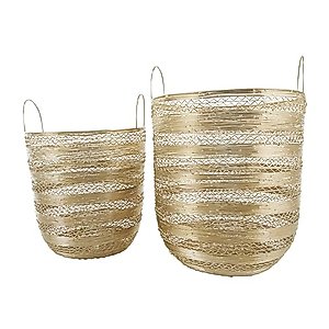 Deco 79 Metal Decorative and Functional Storage Basket Open Frame Wire Basket Organizer with Zig Zag Patterns, Set of 2 Basket for Storage 17", 15"H, Gold