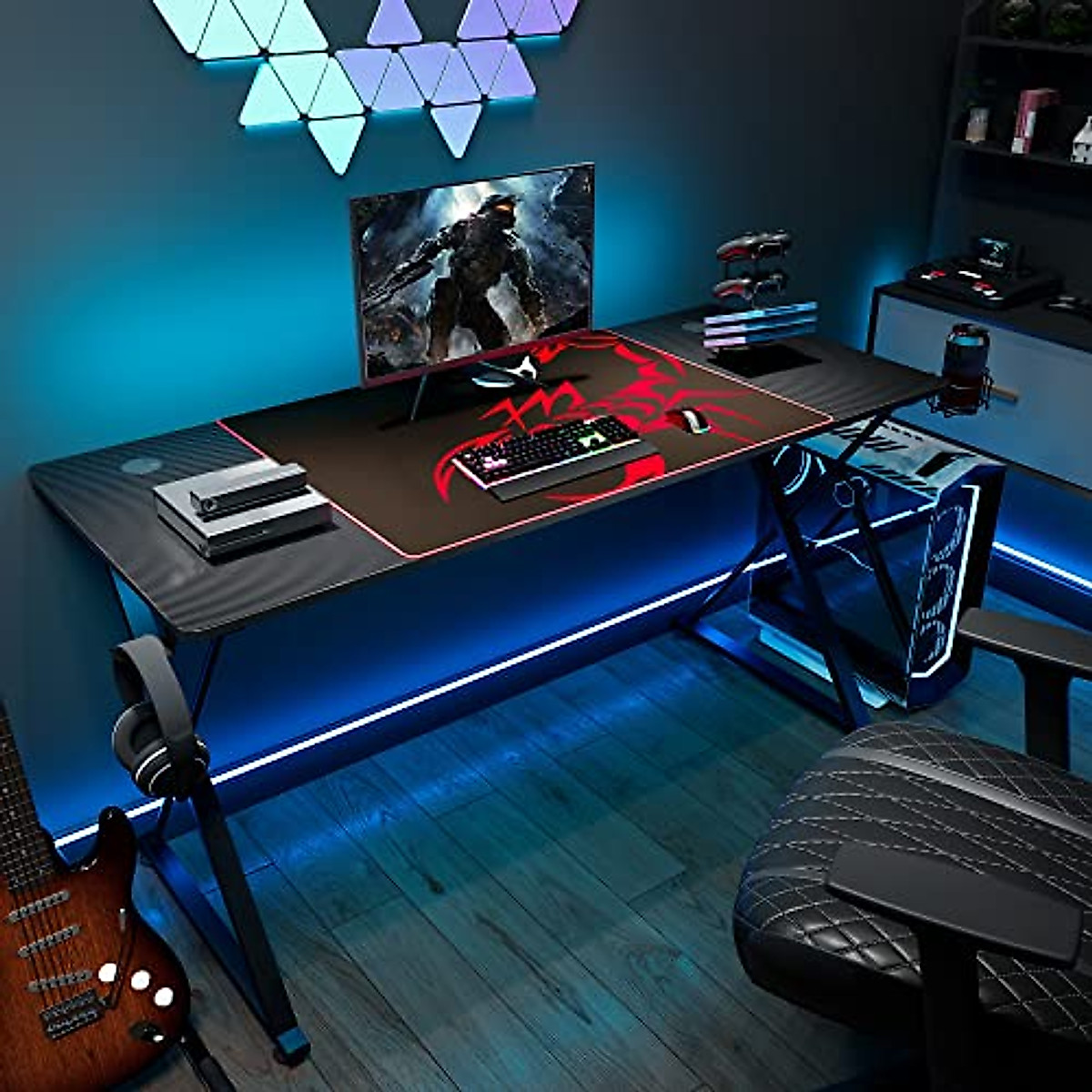 EUREKA ERGONOMIC Gaming Desk 55 Inch,PC Gaming Table, X Shaped Gaming Computer Desk with Mouse Pad, Carbon Fiber Home Office Gamer Desk with Cup Holder & Headphone Hook & Controller Stand,Black