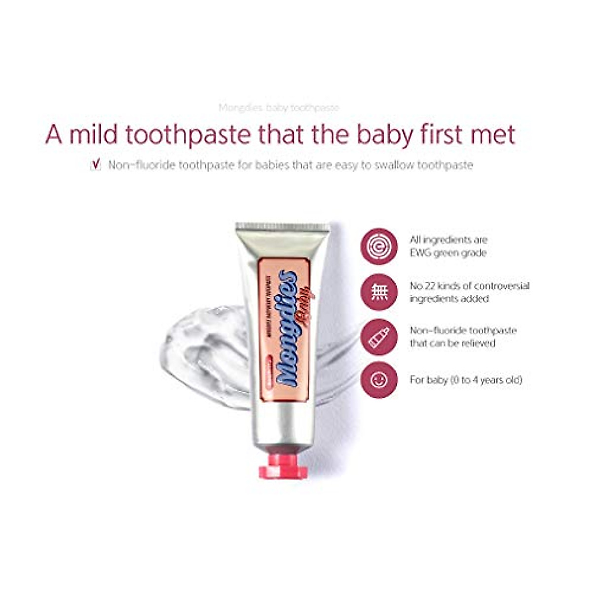 Mongdies Baby Raspberry Toothpaste Helps Remove Plaque and Includes Vitamin B6 to Prevent Gum Disease Fluoride Free (5pcs)