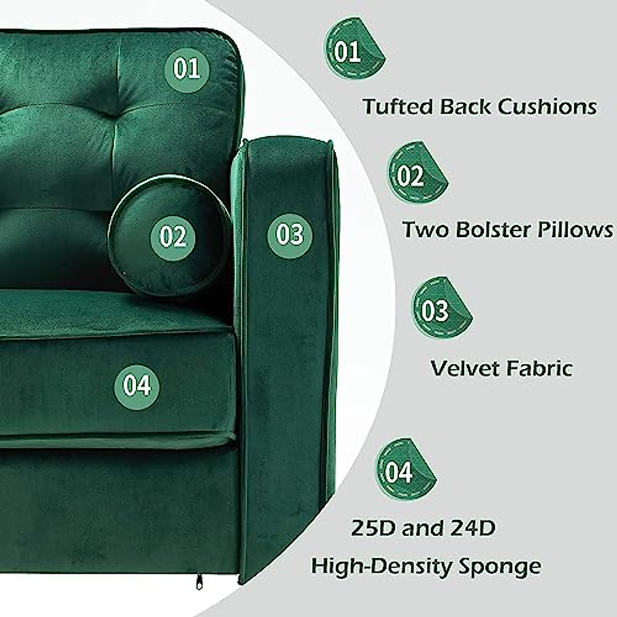 Esright 84.2" Velvet Couch Sofa with 2 Bolster Pillows,Green Office Sofa Mid-Century Couch for Living Room 3 Seats Couch for Apartment