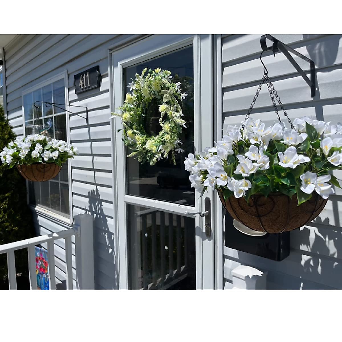 Artificial Fake Fall Hanging Flowers Plants Basket for Outdoor Autumn Decor, Faux Silk Bougainvillea Flowers in Planter Look Real UV Resistant Faux Flowers Arrangement for Porch Home Patio Garden, Red