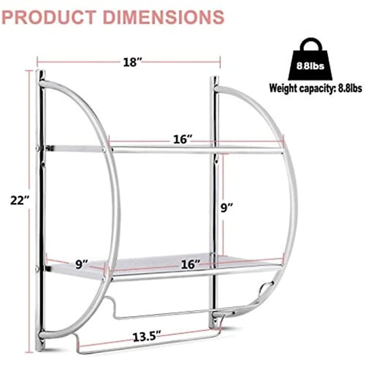 Wall Mounted Bathroom Shelf with Towel Bars,2 Tier Bathroom Towel Rack, White Bathroom Shelf Wall Mounted,18" W X 10" D X 22" H