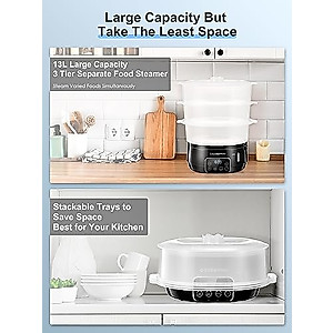 Cozeemax Food Steamer Electric, 13.7QT 3 Tier Digital Vegetable Steamer for Cooking With Appointment 800W, BPA Free, Dishwasher Safe, Auto Shutoff & Boil Dry Protection