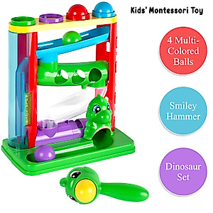 WALA - Pound a Ball Dinosaurs Toy - Super Durable Toddler Girls and Boys Toys - Comes with Ball Tower, Ball, Hammer, and 7 Dinosaur Toys for Kids - Educational Baby Hammer Toy - STEM Development